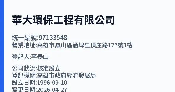 華大環保工程有限公司的照片-統編 97133548(高雄市) 公司登記資料與營業項目詳細圖表