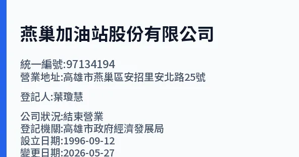 燕巢加油站股份有限公司的照片-統編 97134194(高雄市) 公司登記資料與營業項目詳細圖表