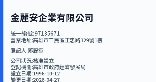 金麗安企業有限公司的照片-統編 97135671(高雄市) 公司登記資料與營業項目詳細圖表