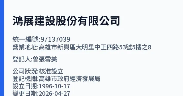 鴻展建設股份有限公司的照片-統編 97137039(高雄市) 公司登記資料與營業項目詳細圖表