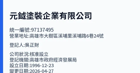 元鉞塗裝企業有限公司的照片-統編 97137495(高雄市) 公司登記資料與營業項目詳細圖表