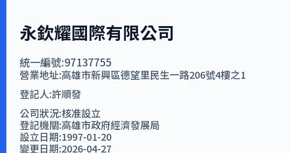 永欽耀國際有限公司的照片-統編 97137755(高雄市) 公司登記資料與營業項目詳細圖表