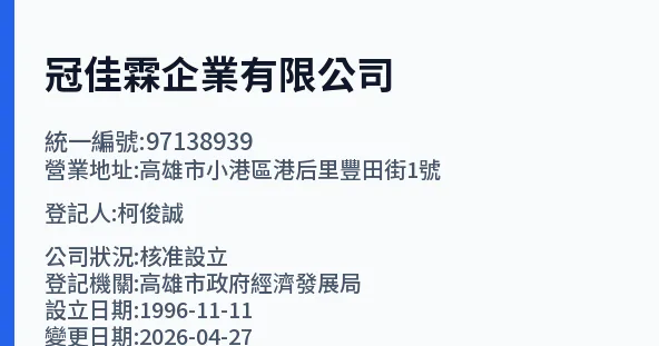 冠佳霖企業有限公司的照片-統編 97138939(高雄市) 公司登記資料與營業項目詳細圖表