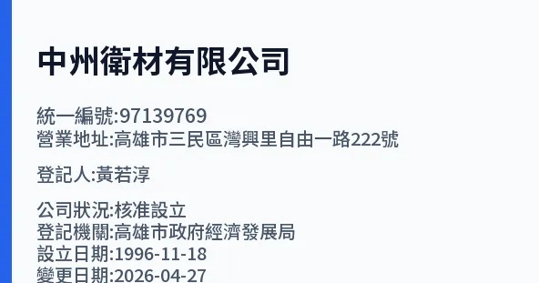 中州衛材有限公司的照片-統編 97139769(高雄市) 公司登記資料與營業項目詳細圖表
