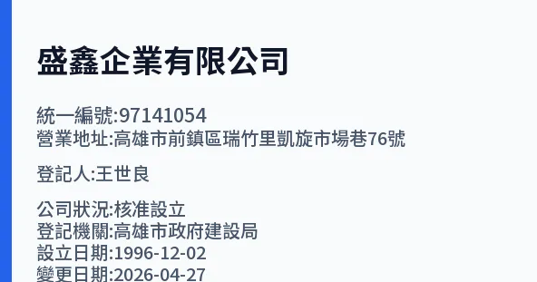 盛鑫企業有限公司的照片-統編 97141054(高雄市) 公司登記資料與營業項目詳細圖表