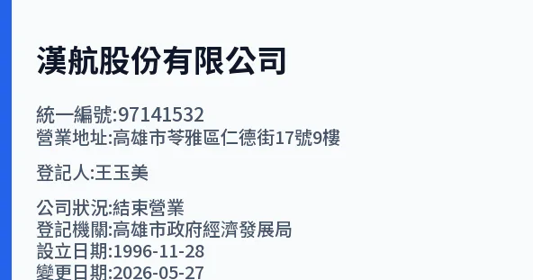 漢航股份有限公司的照片-統編 97141532(高雄市) 公司登記資料與營業項目詳細圖表