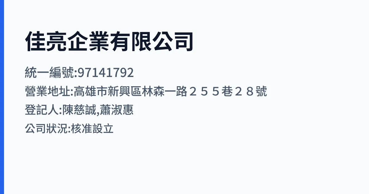 佳亮企業有限公司 - 統編 97141792(高雄市) 公司登記資料與營業項目詳細圖表