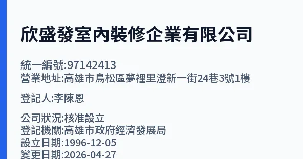 欣盛發室內裝修企業有限公司的照片-統編 97142413(高雄市) 公司登記資料與營業項目詳細圖表