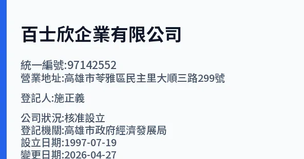 百士欣企業有限公司的照片-統編 97142552(高雄市) 公司登記資料與營業項目詳細圖表