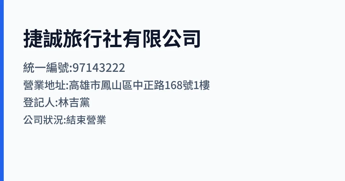 捷誠旅行社有限公司 - 統編 97143222(高雄市) 公司登記資料與營業項目詳細圖表
