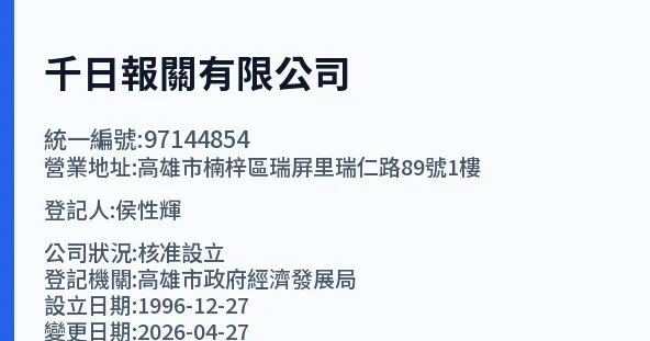 千日報關有限公司的照片-統編 97144854(高雄市) 公司登記資料與營業項目詳細圖表