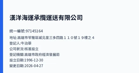 漢洋海運承攬運送有限公司的照片-統編 97145164(高雄市) 公司登記資料與營業項目詳細圖表