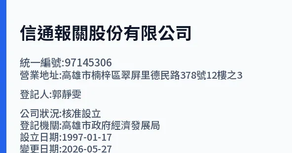 信通報關股份有限公司的照片-統編 97145306(高雄市) 公司登記資料與營業項目詳細圖表