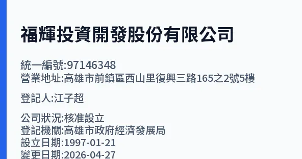 福輝投資開發股份有限公司的照片-統編 97146348(高雄市) 公司登記資料與營業項目詳細圖表