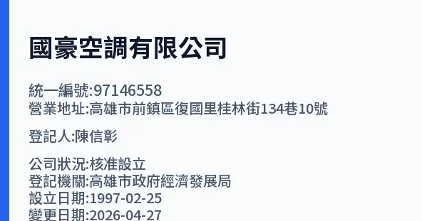 國豪空調有限公司的照片-統編 97146558(高雄市) 公司登記資料與營業項目詳細圖表