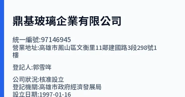 鼎基玻璃企業有限公司的照片-統編 97146945(高雄市) 公司登記資料與營業項目詳細圖表