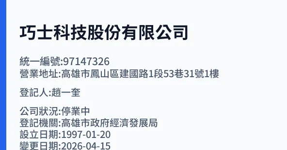 巧士科技股份有限公司的照片-統編 97147326(高雄市) 公司登記資料與營業項目詳細圖表