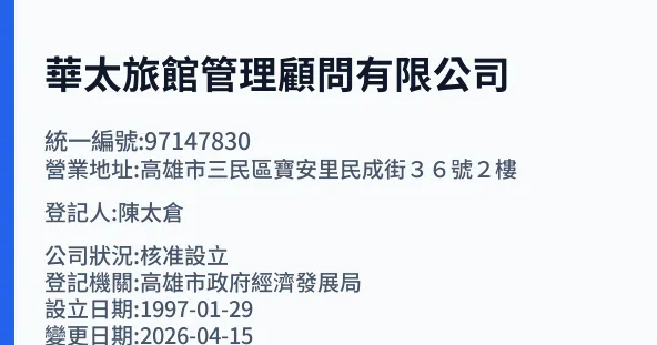 華太旅館管理顧問有限公司的照片-統編 97147830(高雄市) 公司登記資料與營業項目詳細圖表