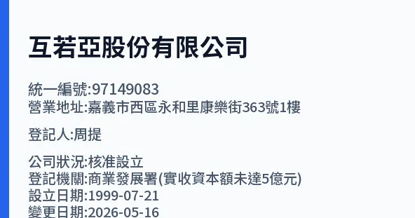 互若亞股份有限公司的照片-統編 97149083(嘉義市) 公司登記資料與營業項目詳細圖表