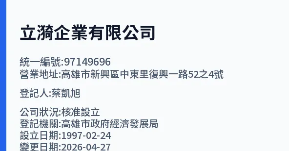 立漪企業有限公司的照片-統編 97149696(高雄市) 公司登記資料與營業項目詳細圖表