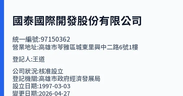 國泰國際開發股份有限公司的照片-統編 97150362(高雄市) 公司登記資料與營業項目詳細圖表