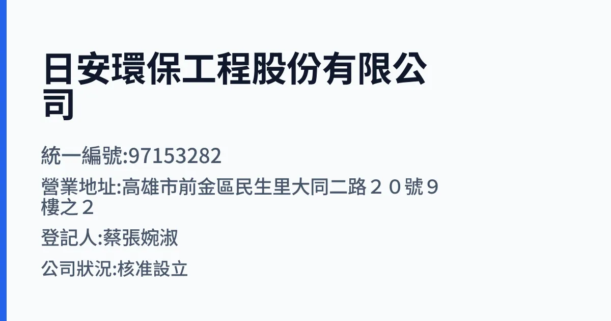 日安環保工程股份有限公司 - 統編 97153282(高雄市) 公司登記資料與營業項目詳細圖表