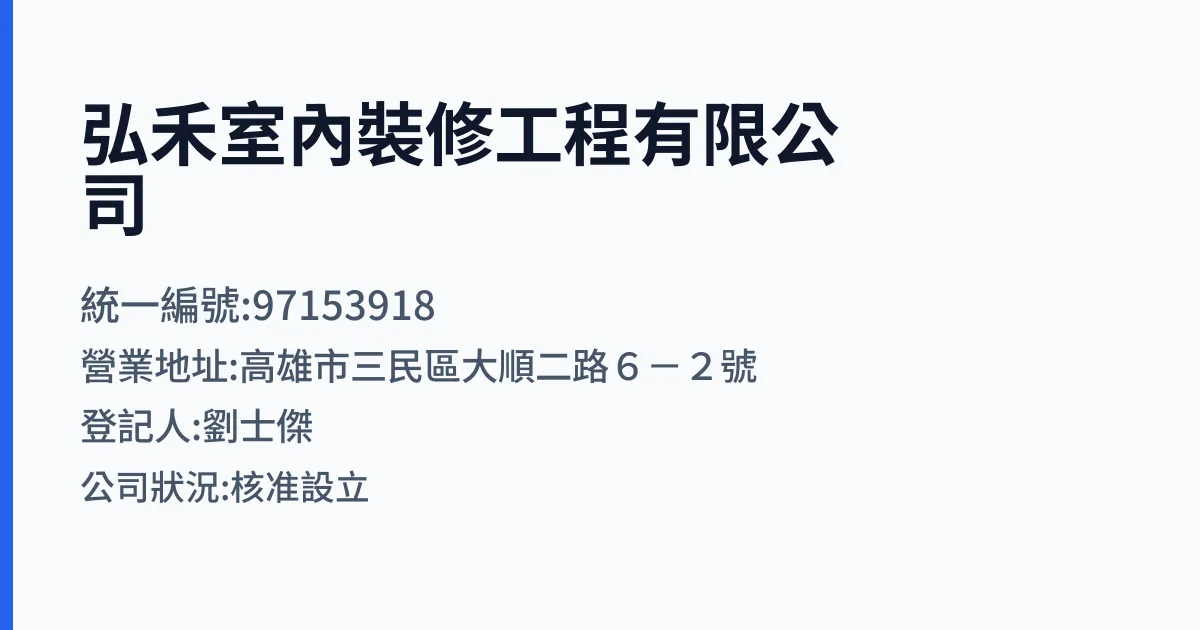 弘禾室內裝修工程有限公司 - 統編 97153918(高雄市) 公司登記資料與營業項目詳細圖表