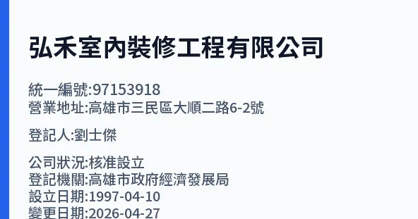 弘禾室內裝修工程有限公司的照片-統編 97153918(高雄市) 公司登記資料與營業項目詳細圖表
