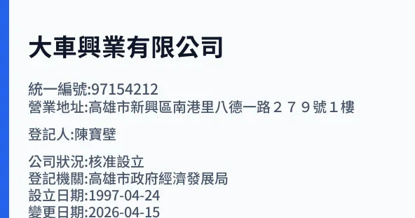 大車興業有限公司的照片-統編 97154212(高雄市) 公司登記資料與營業項目詳細圖表