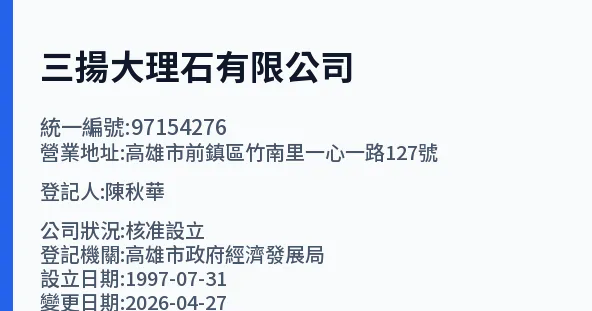 三揚大理石有限公司的照片-統編 97154276(高雄市) 公司登記資料與營業項目詳細圖表