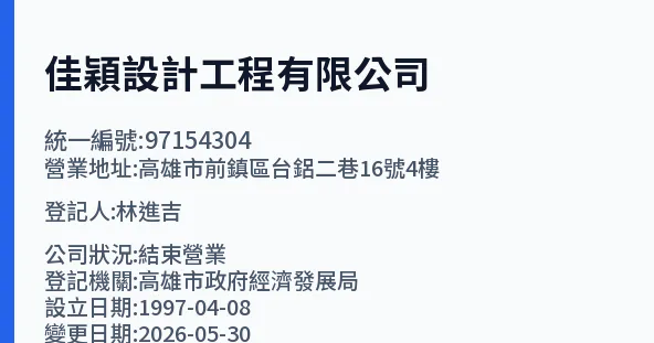 佳穎設計工程有限公司的照片-統編 97154304(高雄市) 公司登記資料與營業項目詳細圖表