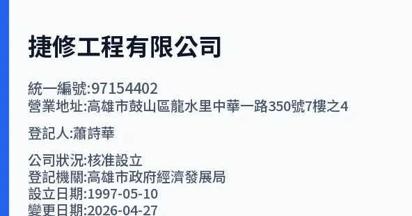 捷修工程有限公司的照片-統編 97154402(高雄市) 公司登記資料與營業項目詳細圖表