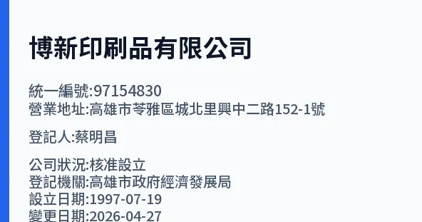 博新印刷品有限公司的照片-統編 97154830(高雄市) 公司登記資料與營業項目詳細圖表