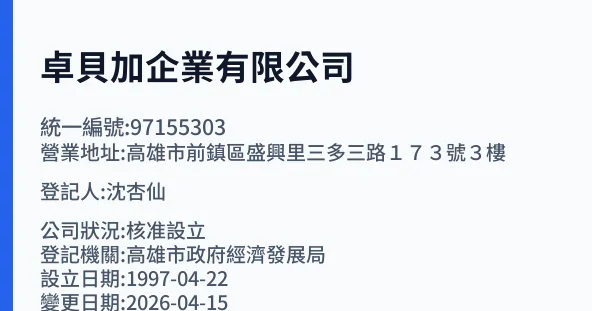 卓貝加企業有限公司的照片-統編 97155303(高雄市) 公司登記資料與營業項目詳細圖表