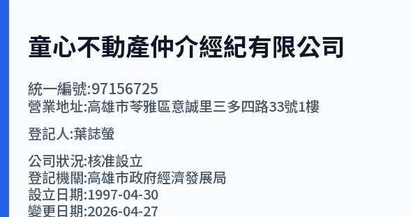 童心不動產仲介經紀有限公司的照片-統編 97156725(高雄市) 公司登記資料與營業項目詳細圖表