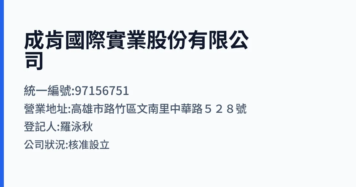成肯國際實業股份有限公司 - 統編 97156751(高雄市) 公司登記資料與營業項目詳細圖表