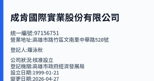 成肯國際實業股份有限公司的照片-統編 97156751(高雄市) 公司登記資料與營業項目詳細圖表