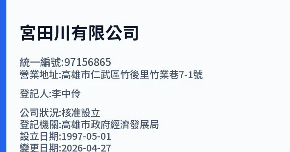 宮田川有限公司的照片-統編 97156865(高雄市) 公司登記資料與營業項目詳細圖表