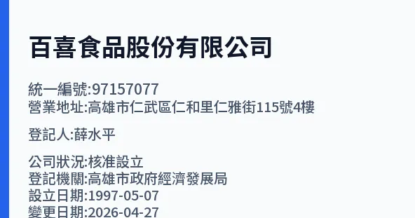 百喜食品股份有限公司的照片-統編 97157077(高雄市) 公司登記資料與營業項目詳細圖表