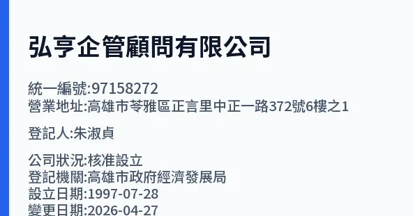 弘亨企管顧問有限公司的照片-統編 97158272(高雄市) 公司登記資料與營業項目詳細圖表