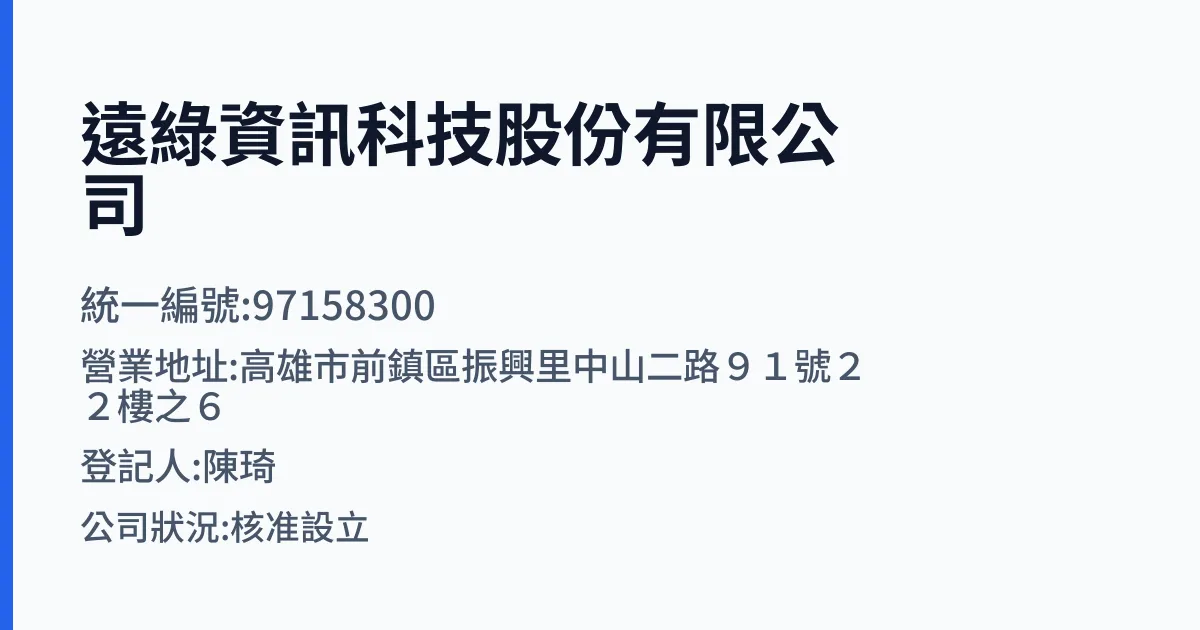 遠綠資訊科技股份有限公司 - 統編 97158300(高雄市) 公司登記資料與營業項目詳細圖表