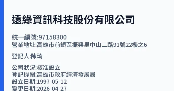 遠綠資訊科技股份有限公司的照片-統編 97158300(高雄市) 公司登記資料與營業項目詳細圖表
