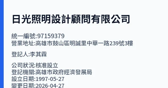 日光照明設計顧問有限公司的照片-統編 97159379(高雄市) 公司登記資料與營業項目詳細圖表