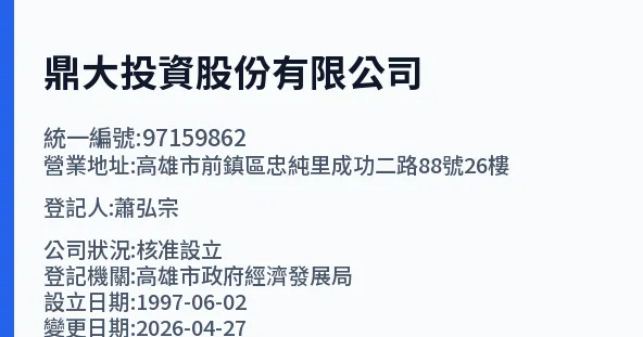 鼎大投資股份有限公司的照片-統編 97159862(高雄市) 公司登記資料與營業項目詳細圖表