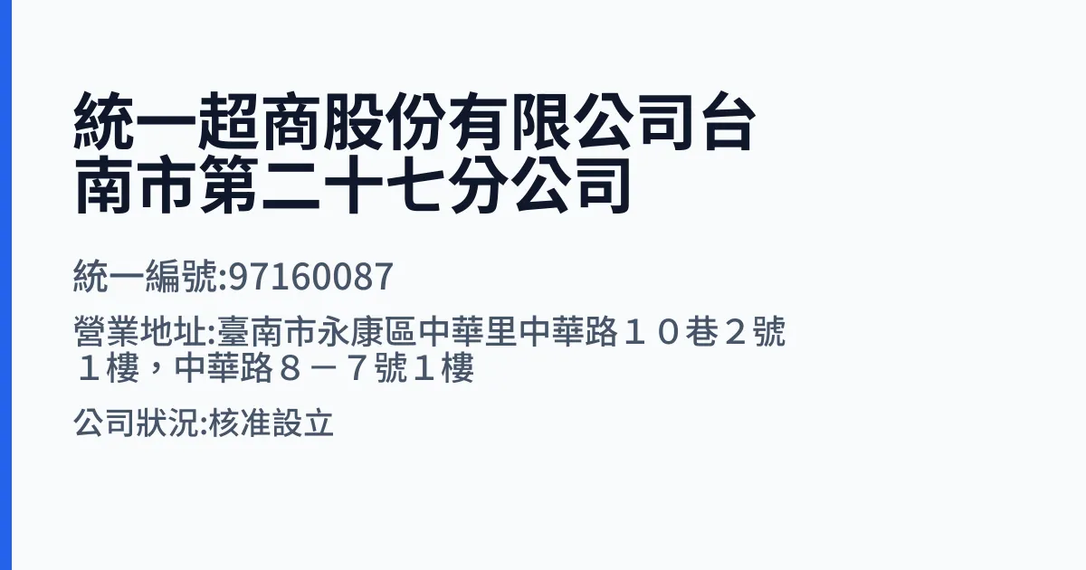 統一超商股份有限公司台南市第二十七分公司 - 統編 97160087(臺南市) 公司登記資料與營業項目詳細圖表