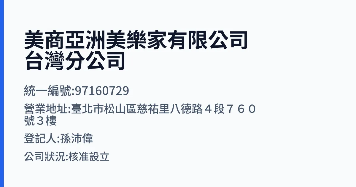 美商亞洲美樂家有限公司台灣分公司 - 統編 97160729(臺北市) 公司登記資料與營業項目詳細圖表