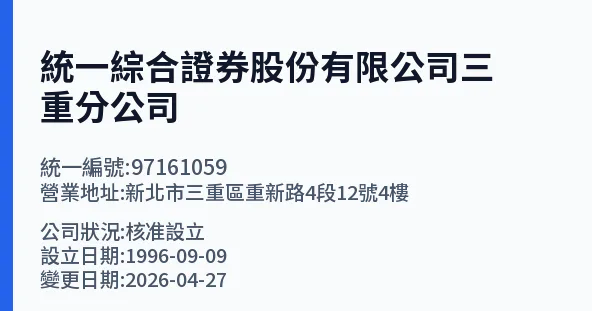 統一綜合證券股份有限公司三重分公司的照片-統編 97161059(新北市) 公司登記資料與營業項目詳細圖表
