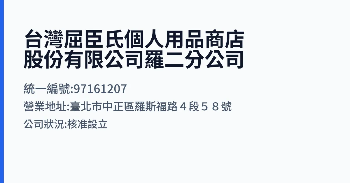 台灣屈臣氏個人用品商店股份有限公司羅二分公司 - 統編 97161207(臺北市) 公司登記資料與營業項目詳細圖表