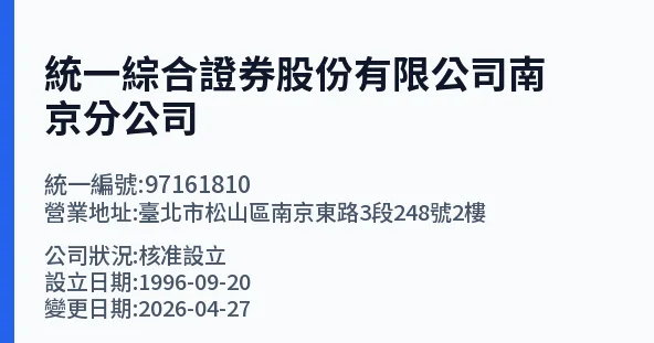 統一綜合證券股份有限公司南京分公司的照片-統編 97161810(臺北市) 公司登記資料與營業項目詳細圖表