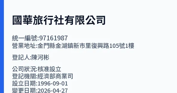 國華旅行社有限公司的照片-統編 97161987(金門縣) 公司登記資料與營業項目詳細圖表